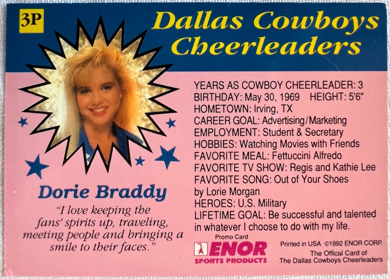 Dallas Cowboys Cheerleaders Dorie Braddy Promo Card 3P 1992 - Etsy