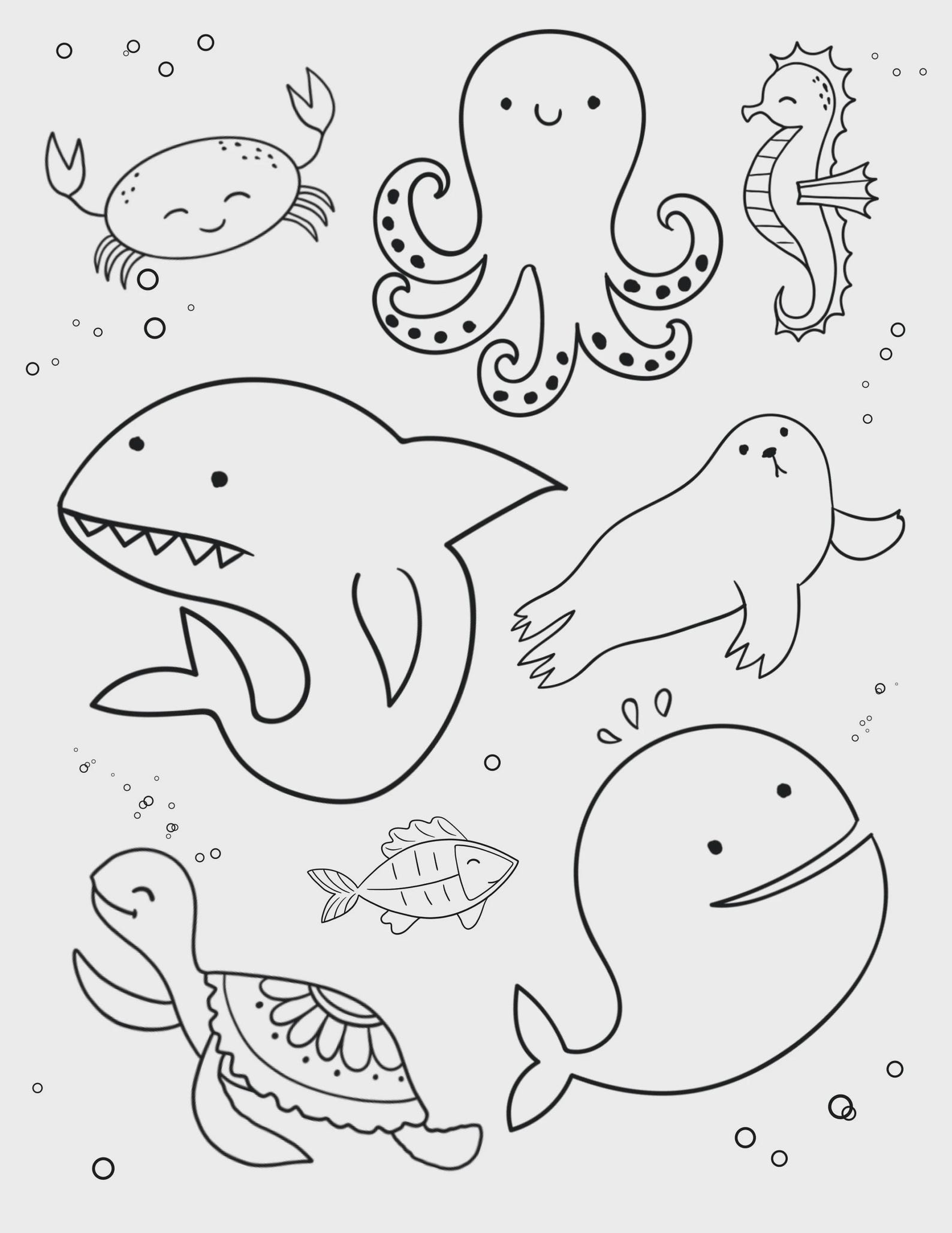 Cute Ocean Animals Coloring Pages | Printable Adult & Kids Coloring ...