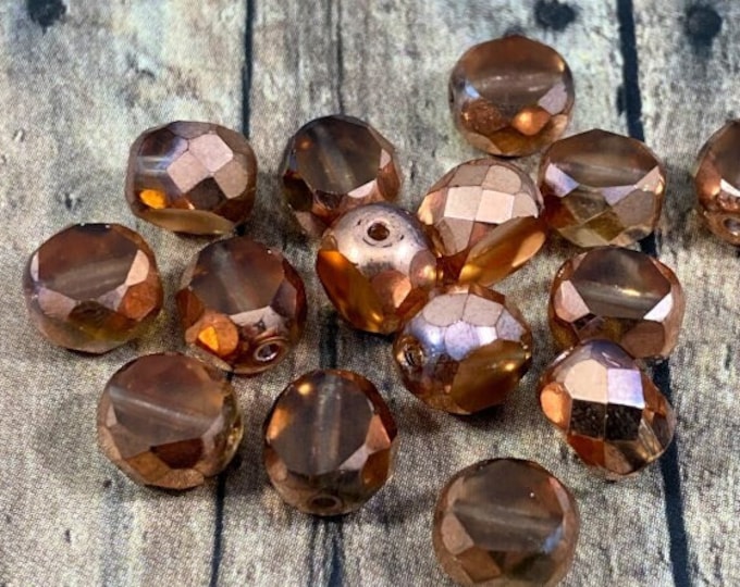 Peach and Bronze 8mm Table Cut Beads, Unique Czech Faceted Round Bead ...