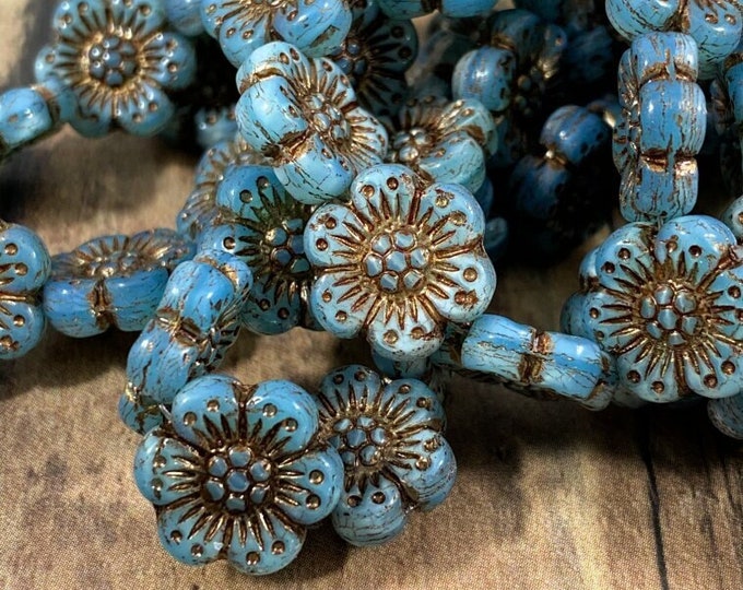 Czech Glass Flower Beads, 14mm Light Aqua Blue Wild Rose Flower Beads ...