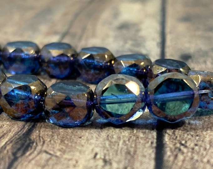 Blue and Bronze 8mm Table Cut Beads Unique Czech Faceted Round Bead ...