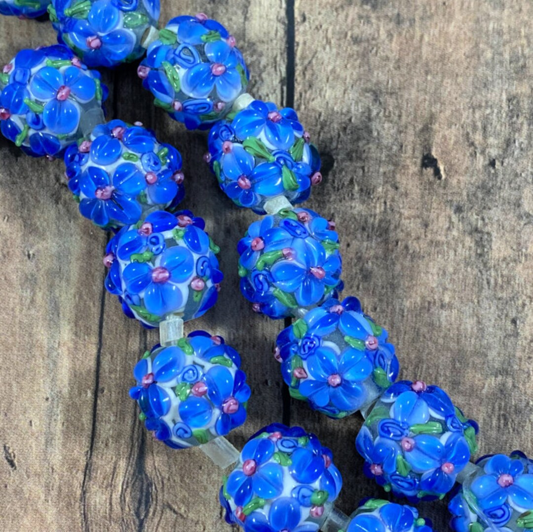 Blue Flower Beads, Lampwork Flower Beads, Blue Floral Lamp Work, 14mm ...