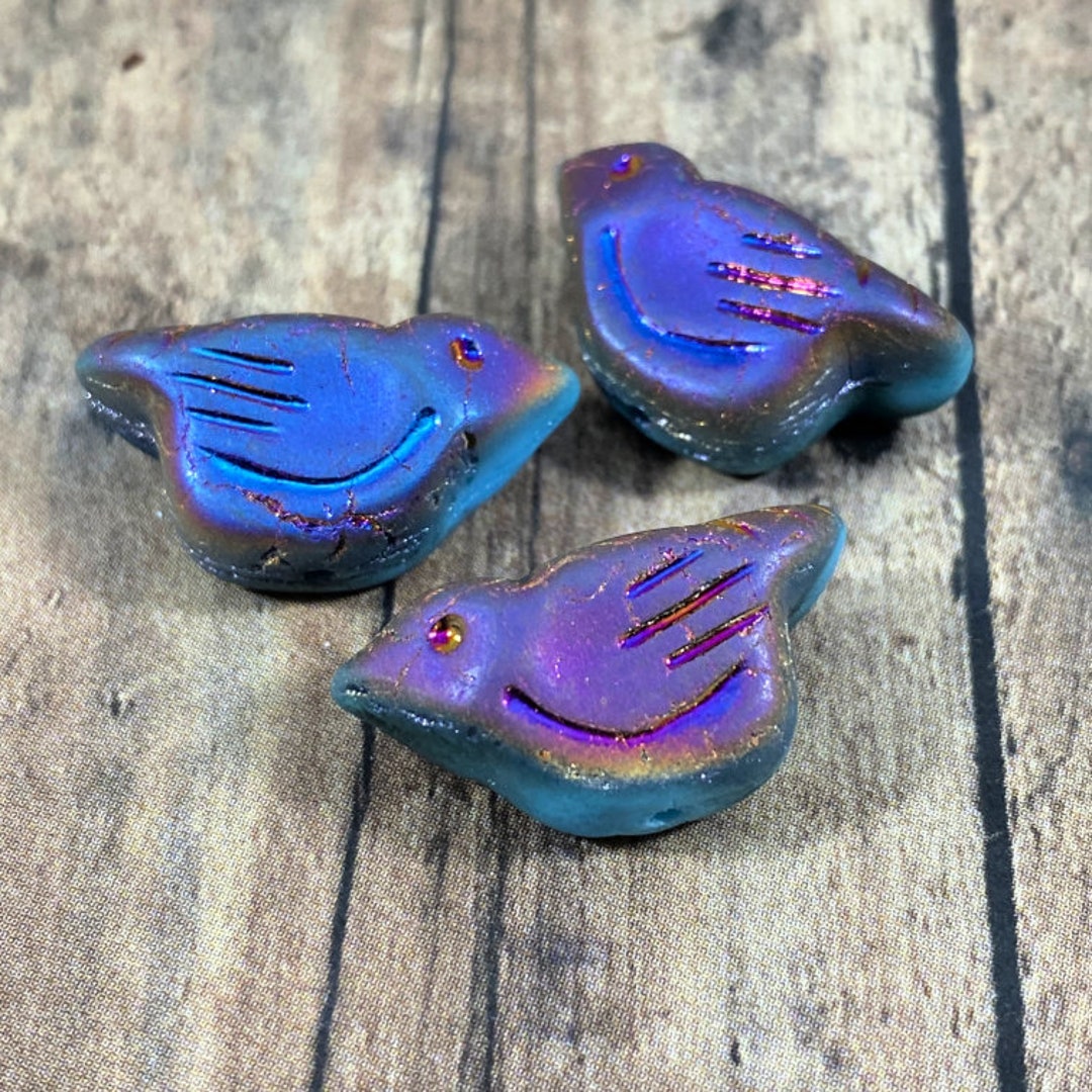 Czech Glass Beads, Turquoise Bird Beads With Metallic Purple Finish ...