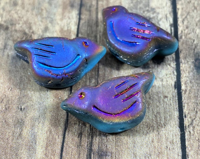 Czech Glass Beads, Turquoise Bird Beads With Metallic Purple Finish ...