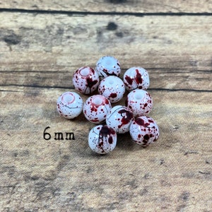 Blood Splatter Beads, 6mm Round Glass Beads, White With Red and Black ...
