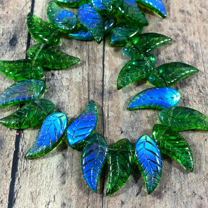 Green Etched Glass Leaf Beads 17x7mm Green AB Leaves Curved - Etsy