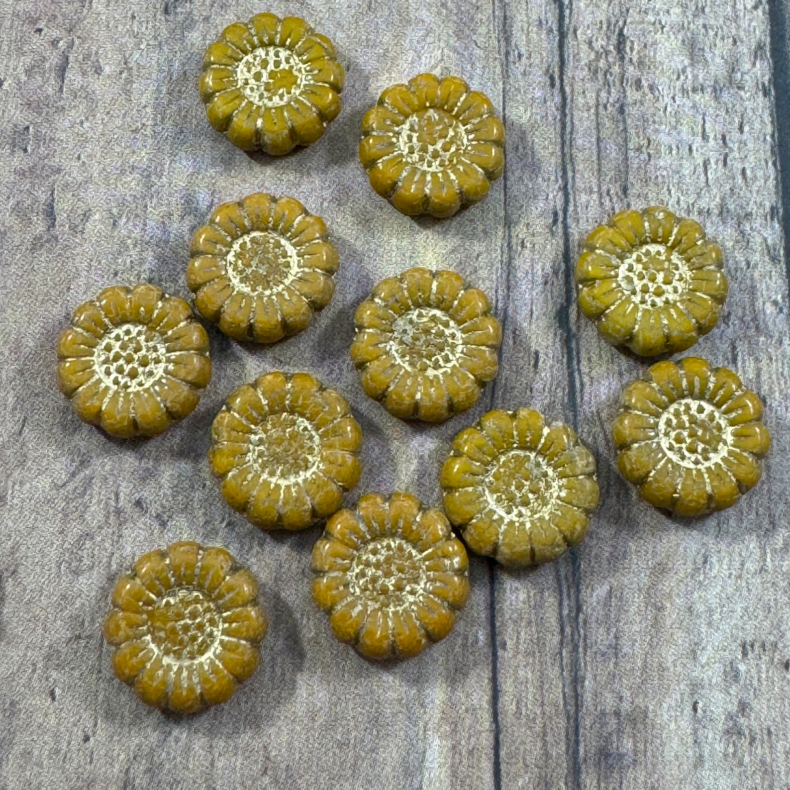 Yellow Sunflower Beads, 13mm Mustard Yellow With Gold Wash Flower Beads ...