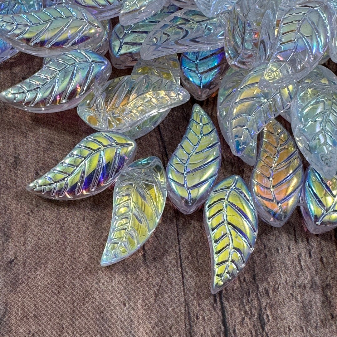 Transparent Crystal AB Curved Leaf Glass Beads | 18mm Iridescent One ...