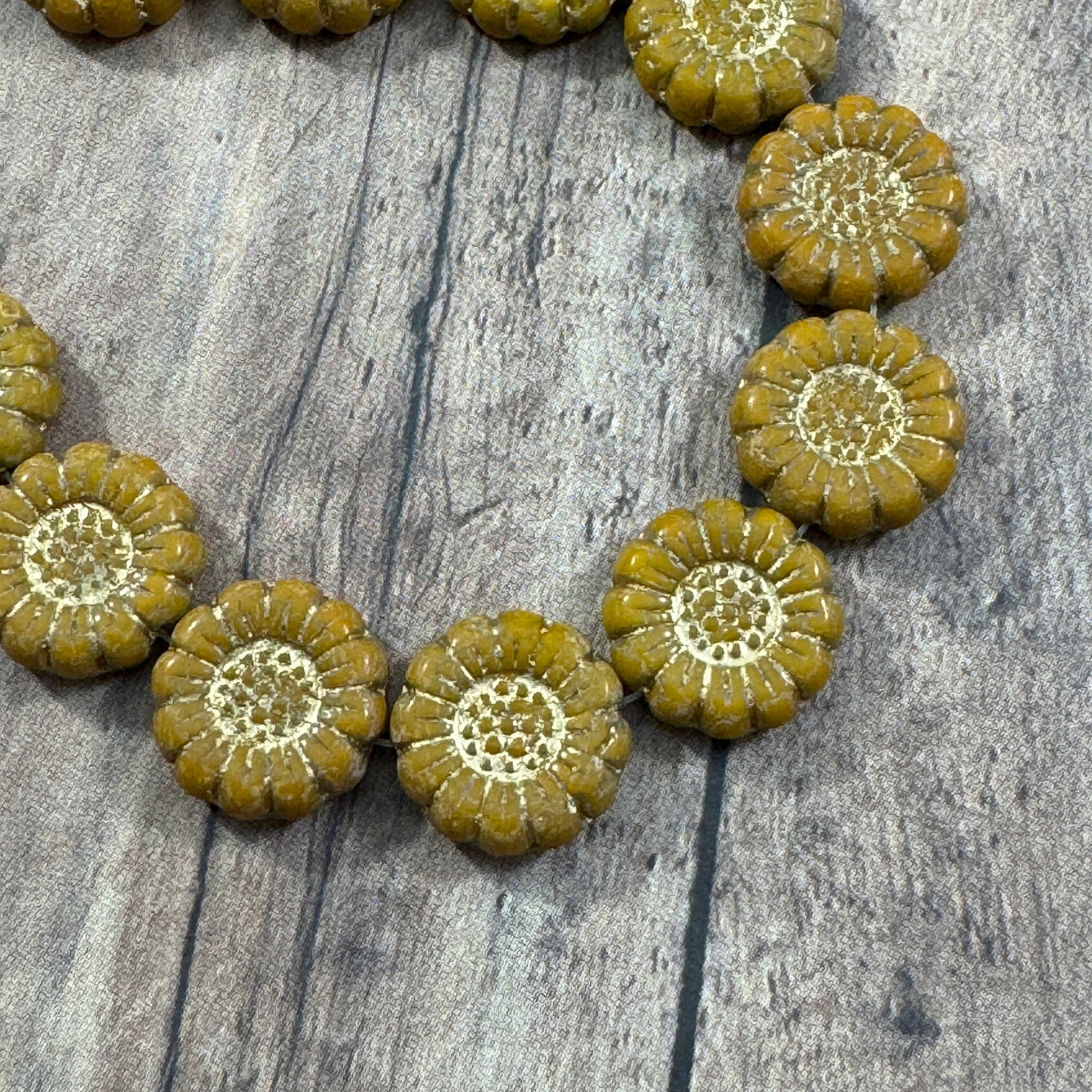 Yellow Sunflower Beads, 13mm Mustard Yellow With Gold Wash Flower Beads ...
