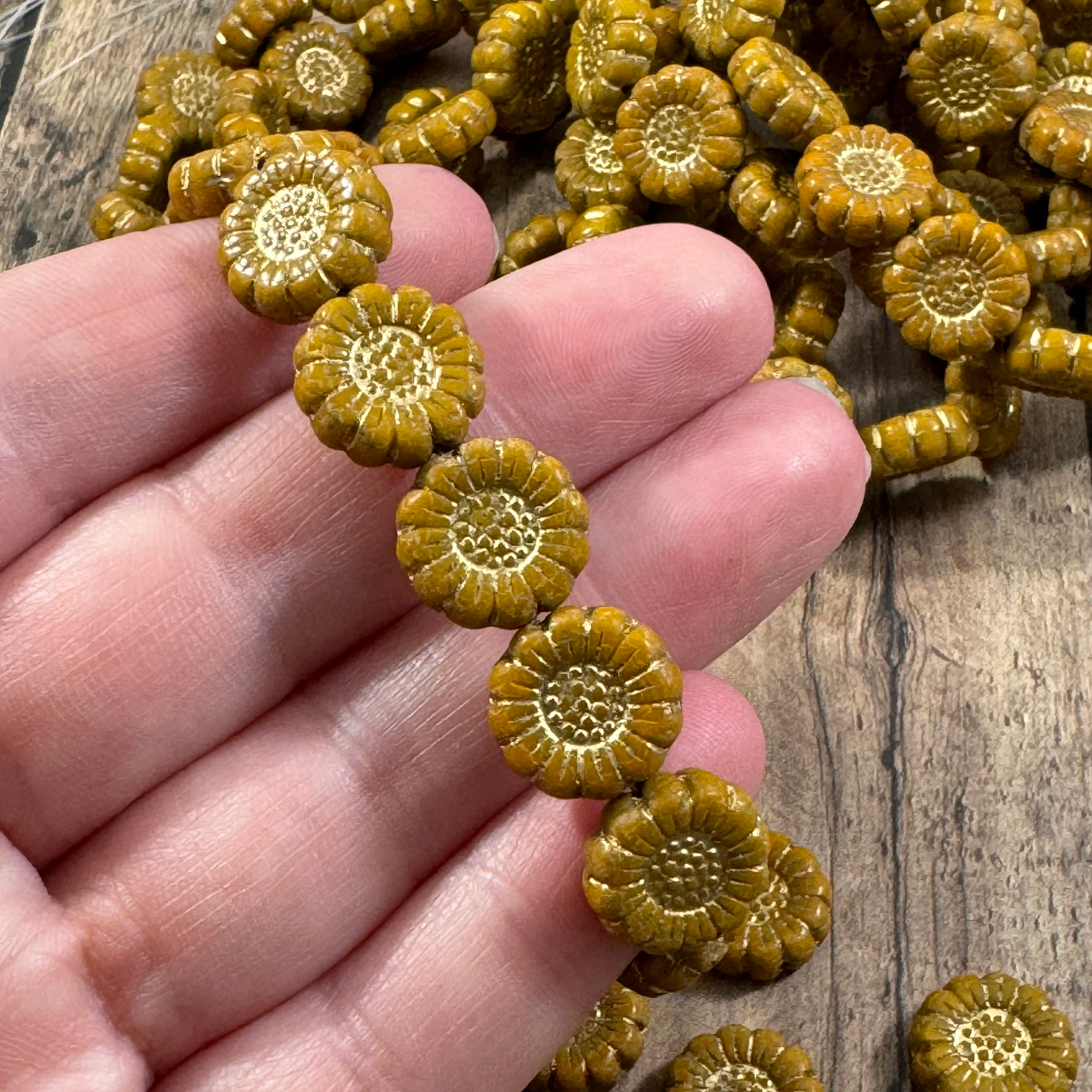 Yellow Sunflower Beads, 13mm Mustard Yellow With Gold Wash Flower Beads ...