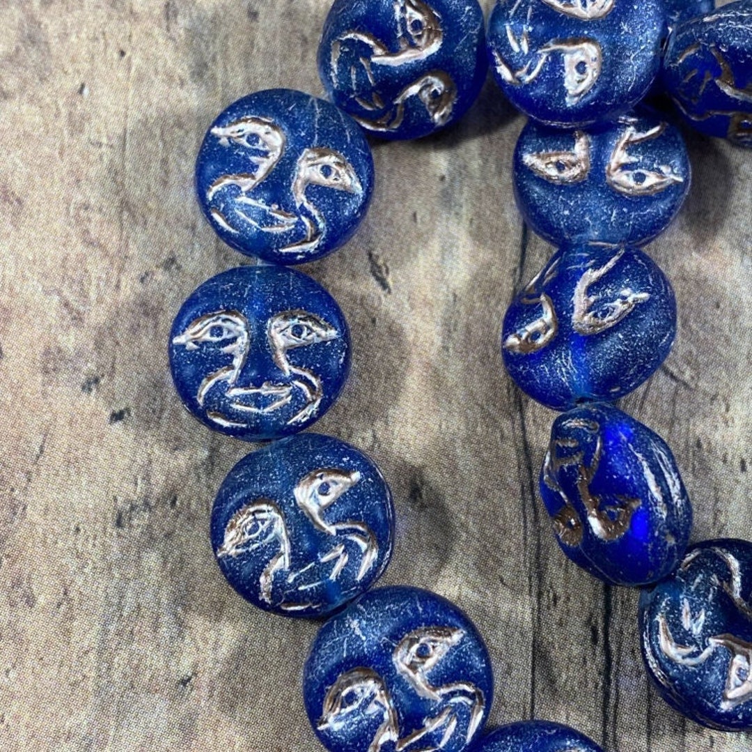 Matte Dark Blue Moon Face Beads Czech Glass Moon Beads Matte - Etsy