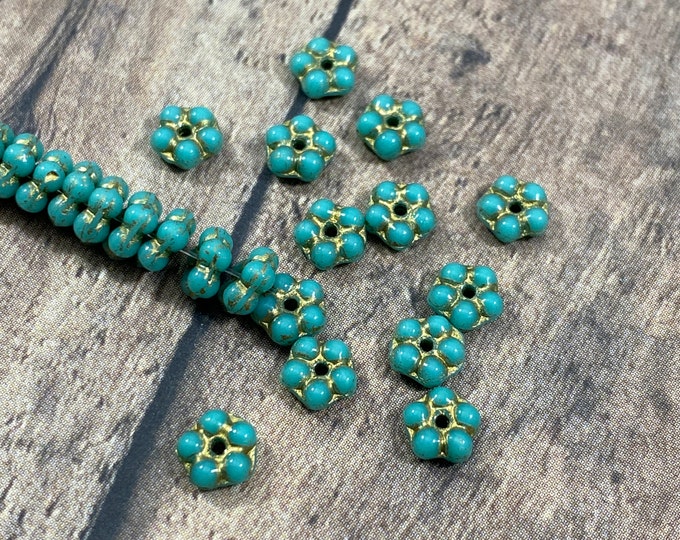 Turquoise Daisy Spacer Beads, Czech Glass Flower Beads, 5mm Tiny Flower ...