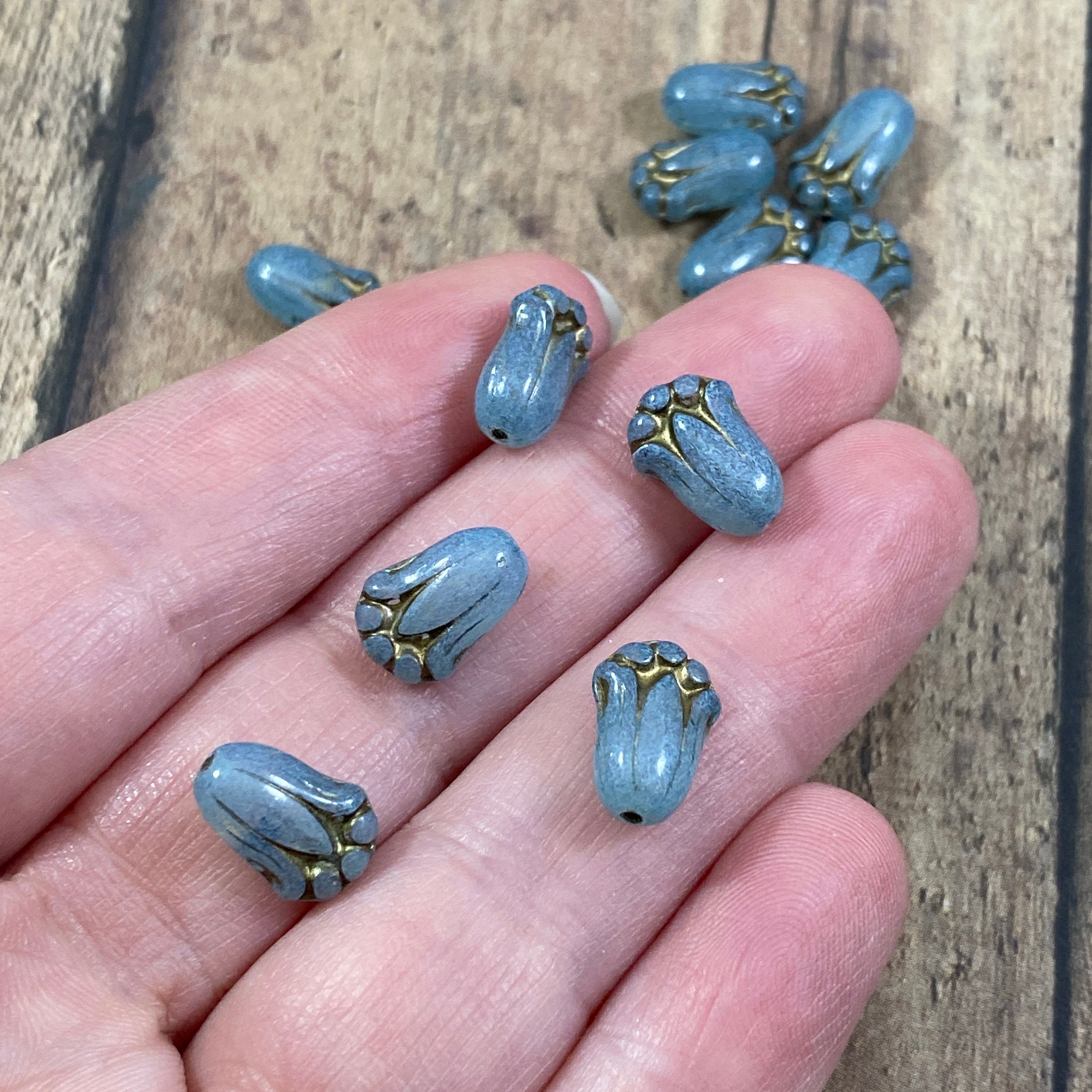 Light Blue Flower With Gold Wash, Czech Glass Flower Beads, 12mm Blue ...