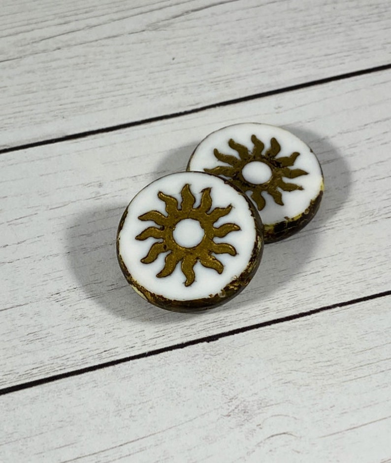 Czech Glass Beads, 22mm White Sun Coin With Picasso Finish and Bronze ...