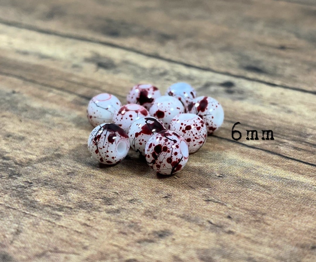 Blood Splatter Beads, 6mm Round Glass Beads, White With Red and Black ...