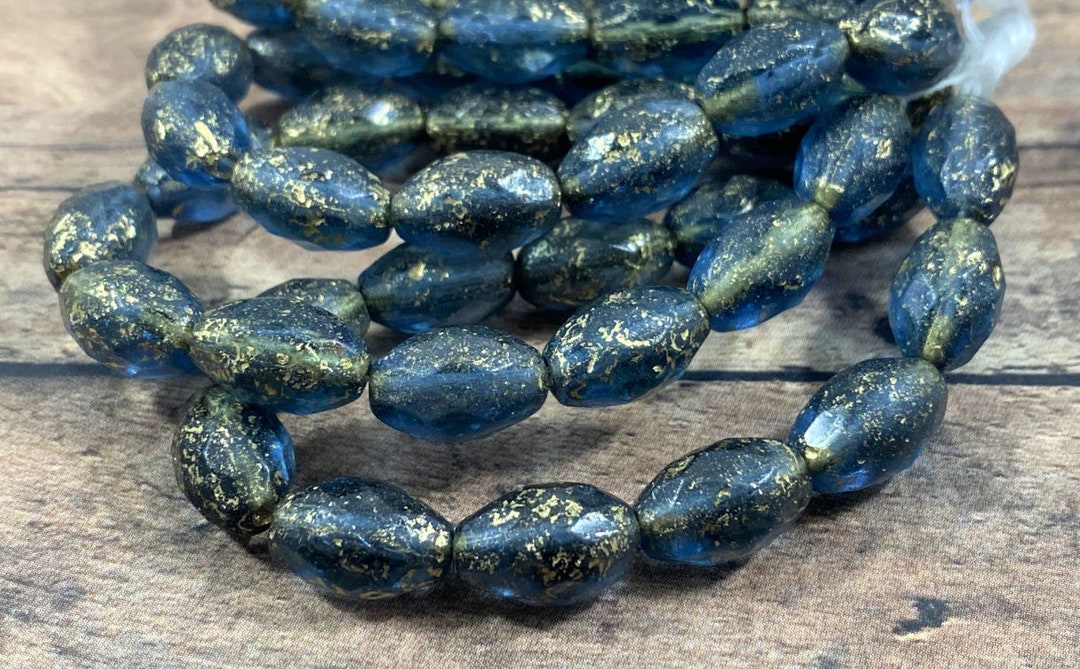 Slate Blue Faceted Oval With Gold Finish, 12x8mm Czech Glass Firepolish ...