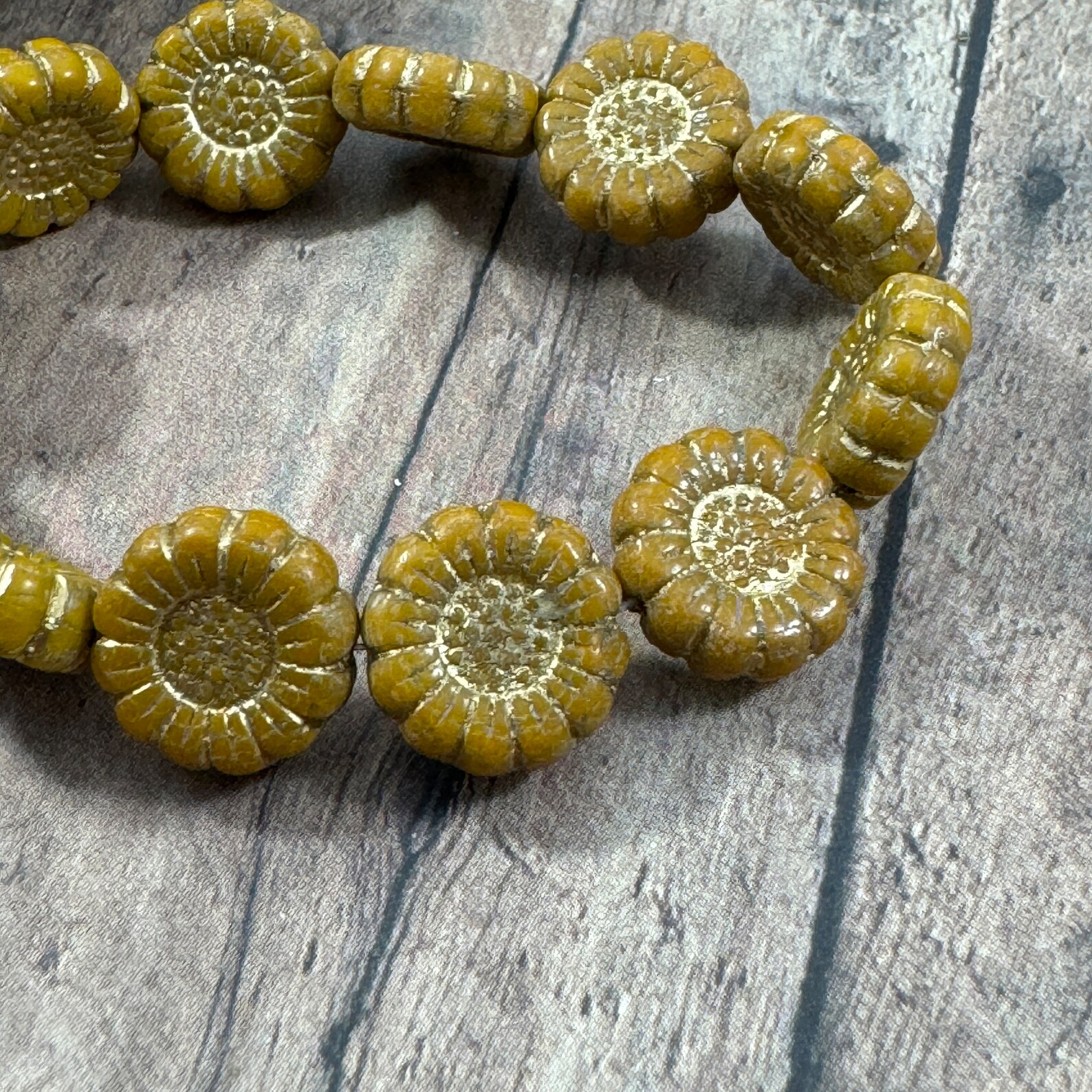 Yellow Sunflower Beads, 13mm Mustard Yellow With Gold Wash Flower Beads ...