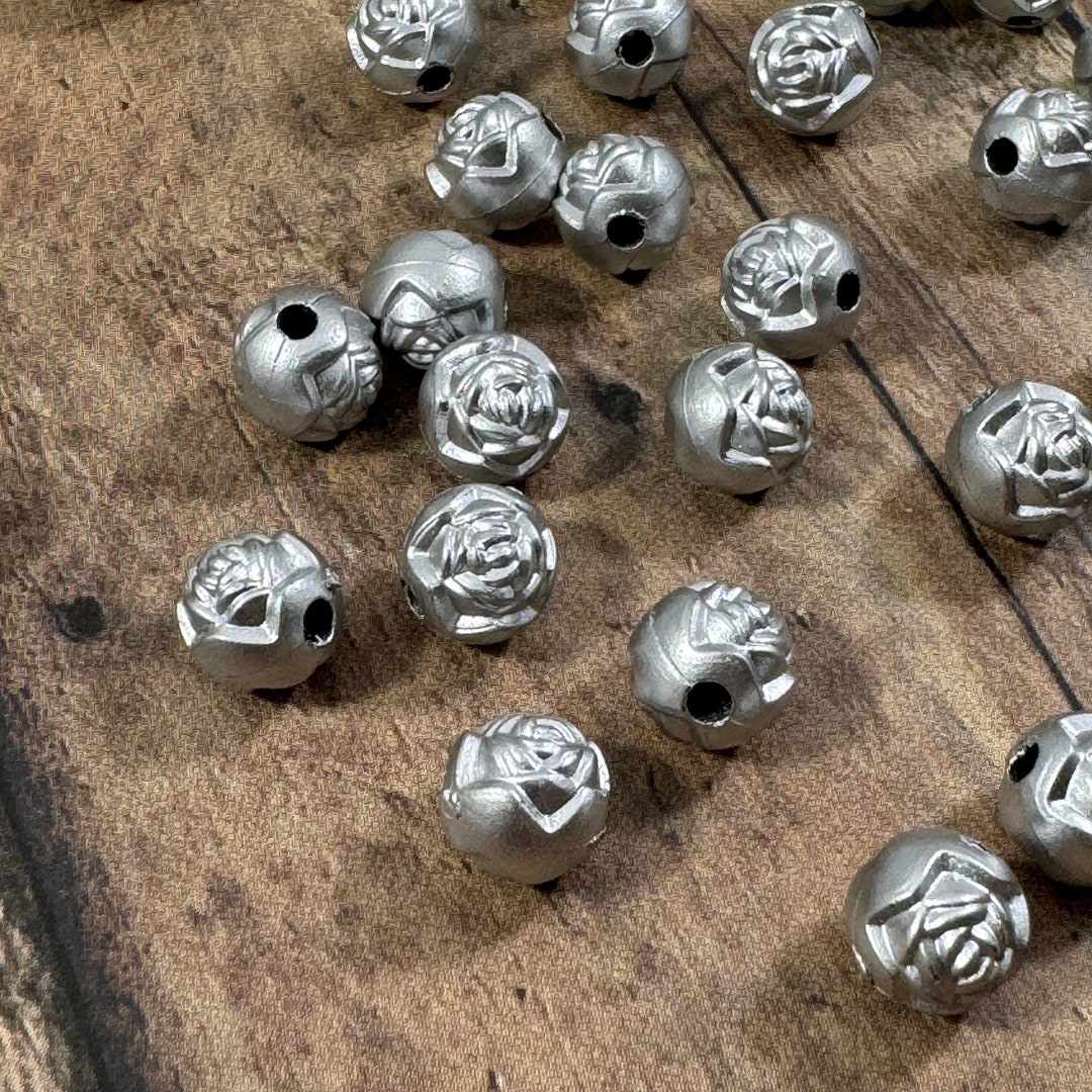 8mm Silver Rose Beads – Opaque Acrylic Flower Beads – Round Floral ...