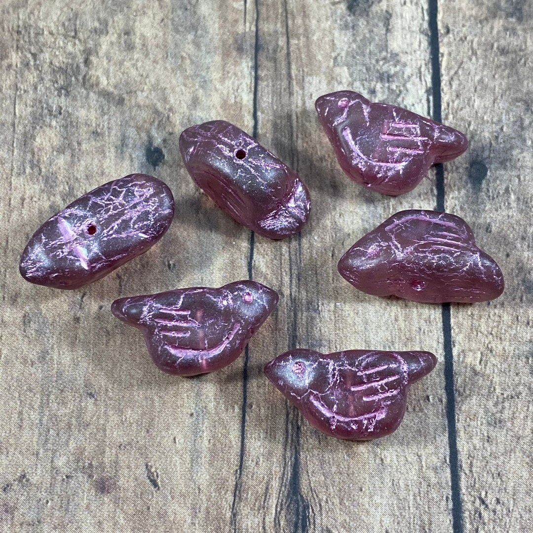 Czech Glass Beads Rosewood Pink Bird Beads With Metallic Pink Wash ...