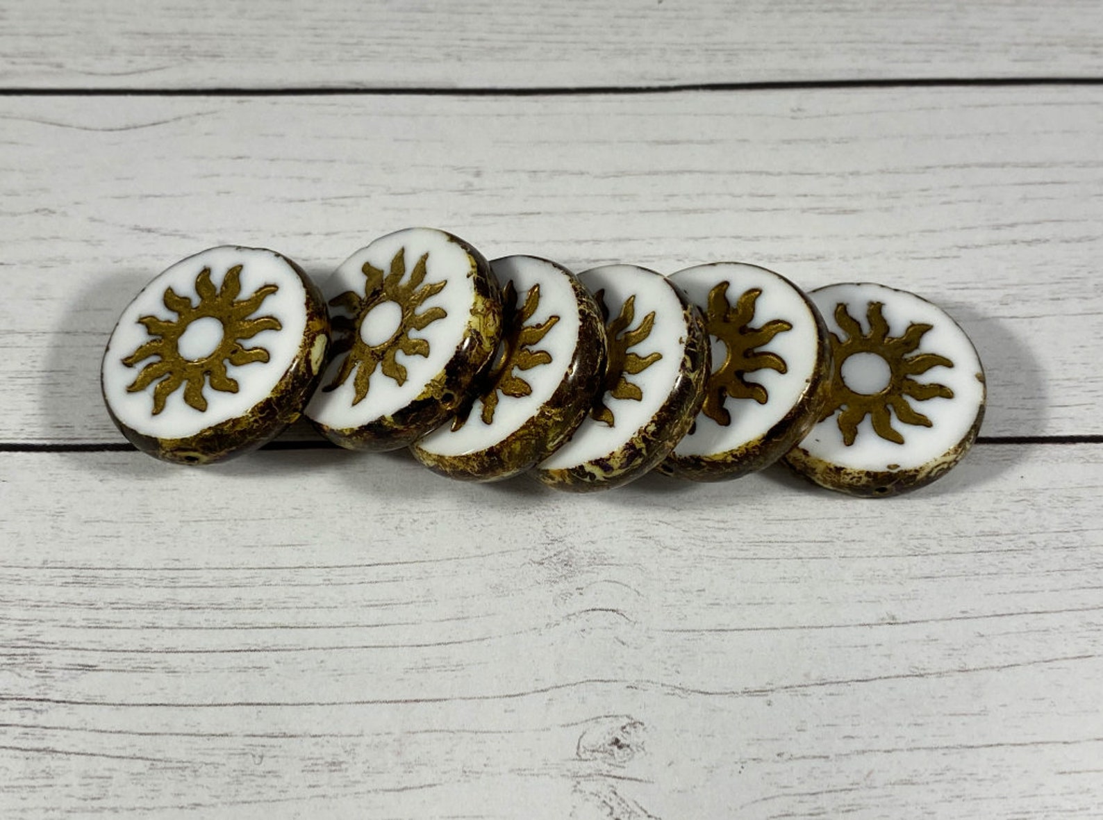 Czech Glass Beads, 22mm White Sun Coin With Picasso Finish and Bronze ...