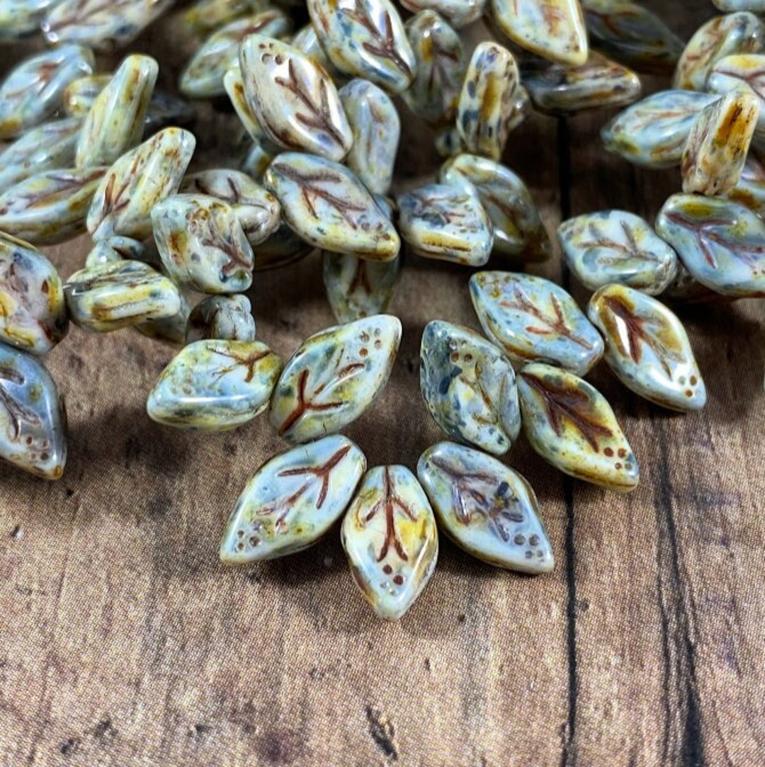 Czech Glass Opaque Greenstone Leaf Beads, 10x6mm Etched Small Leaves ...