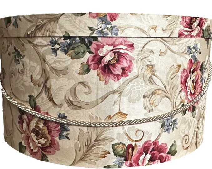 Large 17”x9” Hat Box in Tan and Rose Floral Scroll Fabric