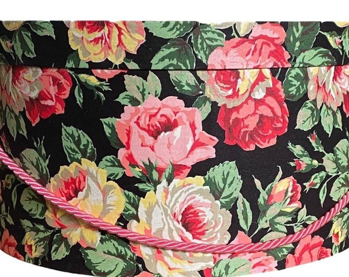 Large 16” Hat Box in Pink and Red Roses on Black Fabric - Etsy