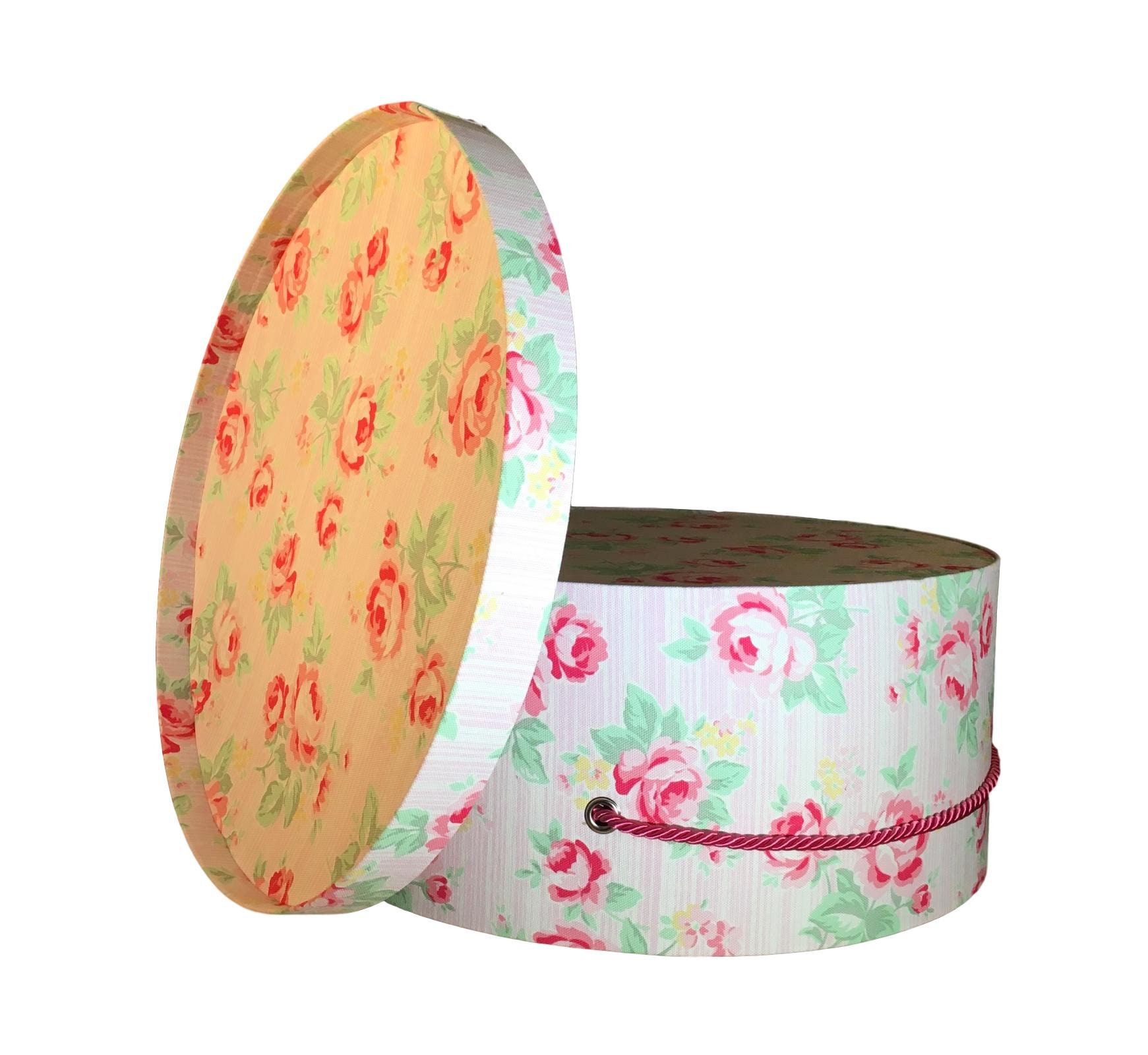 Extra Large 18” Hat Box in Pink Rose Floral Stripe Fabric
