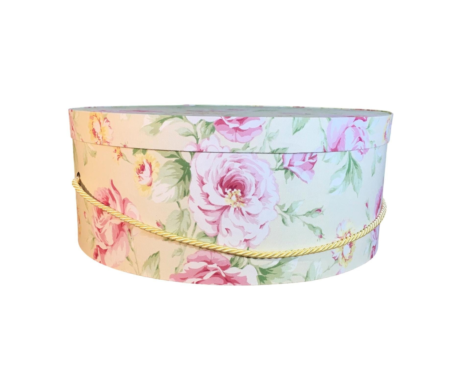 Extra Large 18” Hat Box in Yellow and Pink Floral Fabric