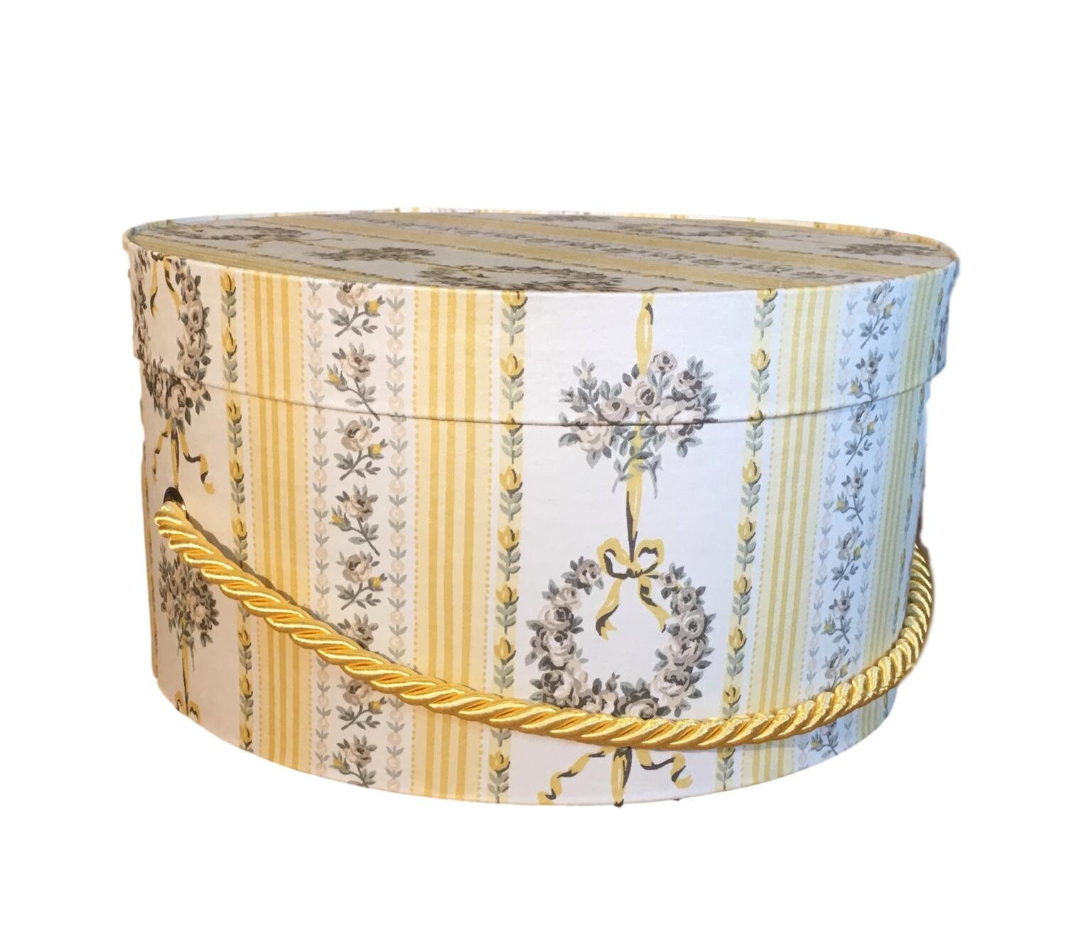 12” Hat Box in Yellow Floral Stripe Fabric