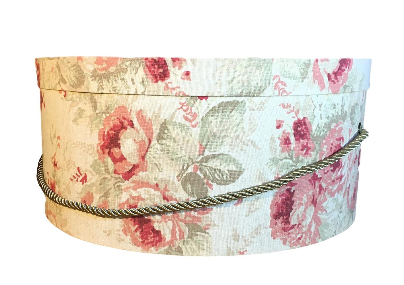 Extra Large 18” Hat Box in Tan and Rose Floral Fabric