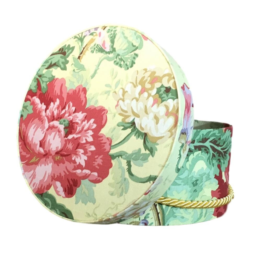 10” Small Hat Box in Red Floral on Yellow Fabric