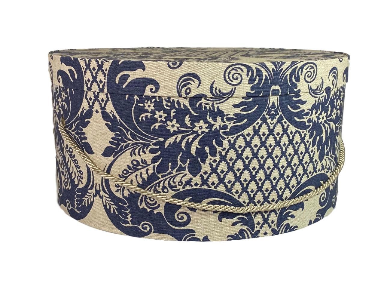 Extra Large 17” Hat Box in Blue on Tan Damask Fabric