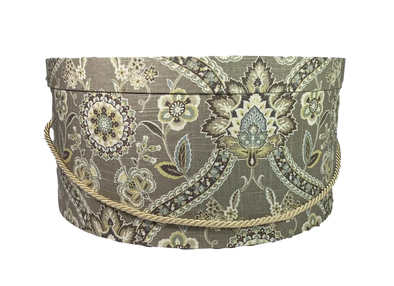 Large 17” Hat Box in Grey with Yellow Damask Fabric