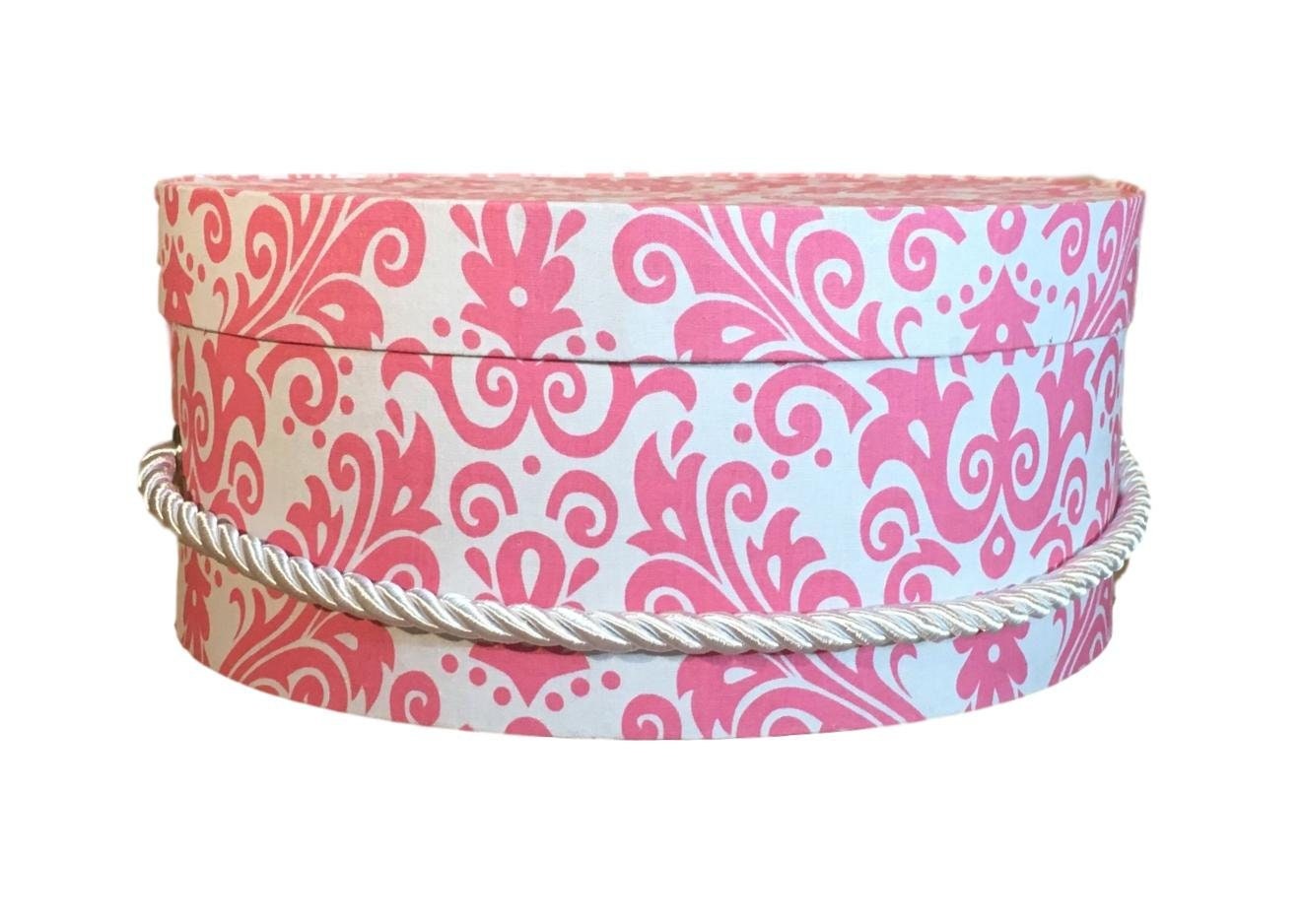 12” Hat Box in Pink Damask Fabric