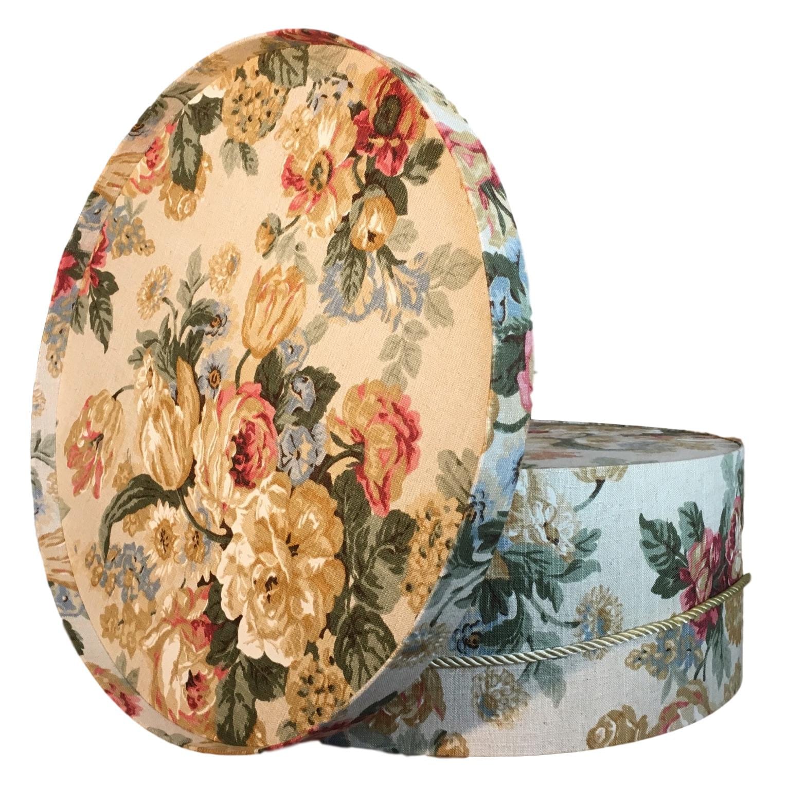 Extra Large 20” Hat Box in Tan Floral Fabric Round Box, French Cottage ...