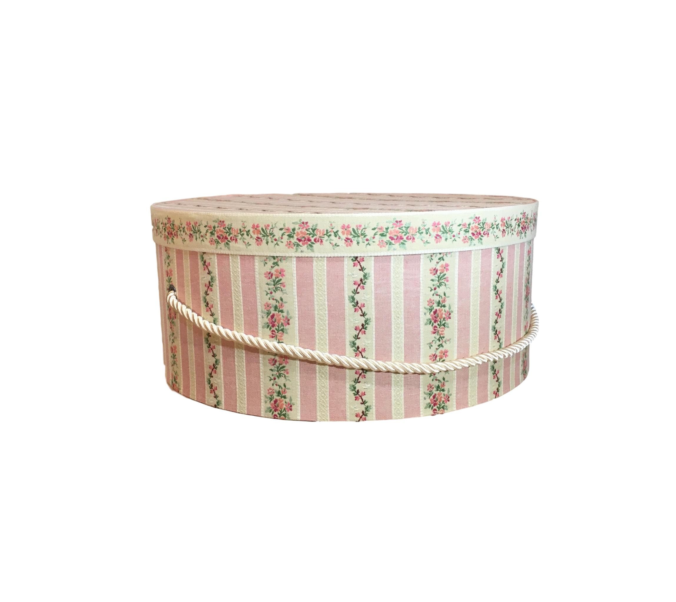 Large 17” Hat Box in Vintage Pink Floral Stripe Fabric, Decorative Hat ...