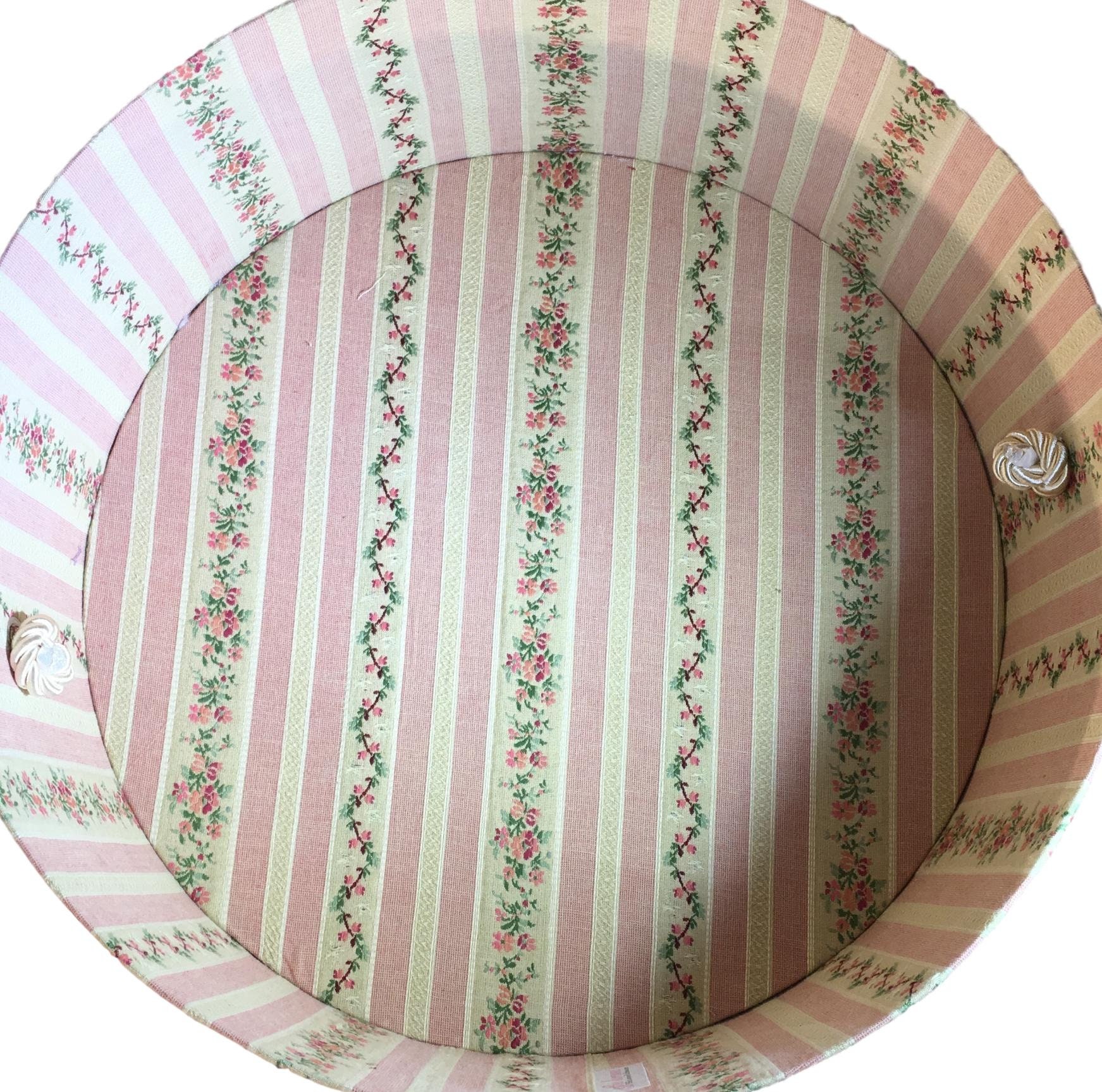 Large 17” Hat Box in Vintage Pink Floral Stripe Fabric, Decorative Hat ...