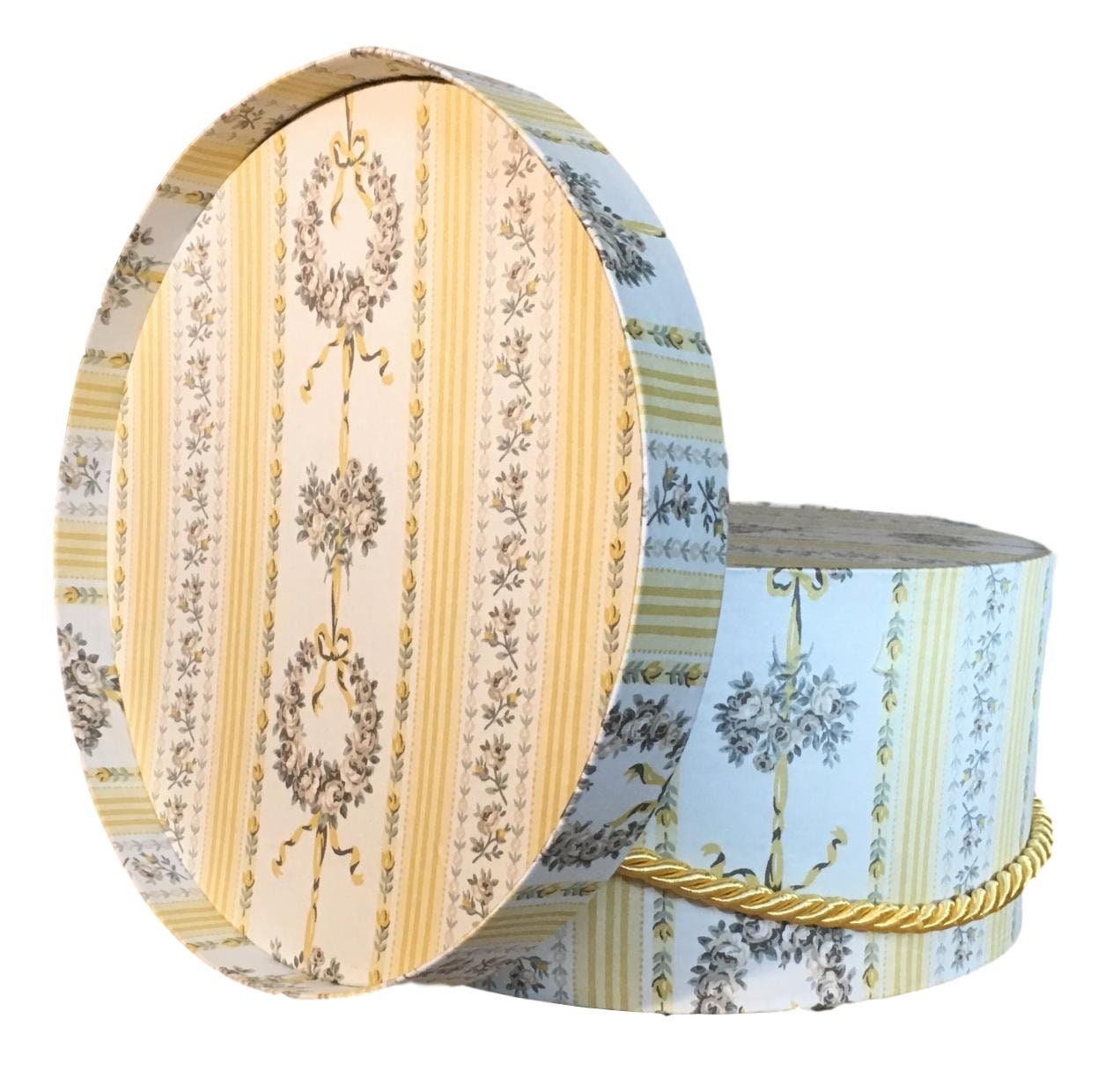12” Hat Box in Yellow Floral Stripe Fabric