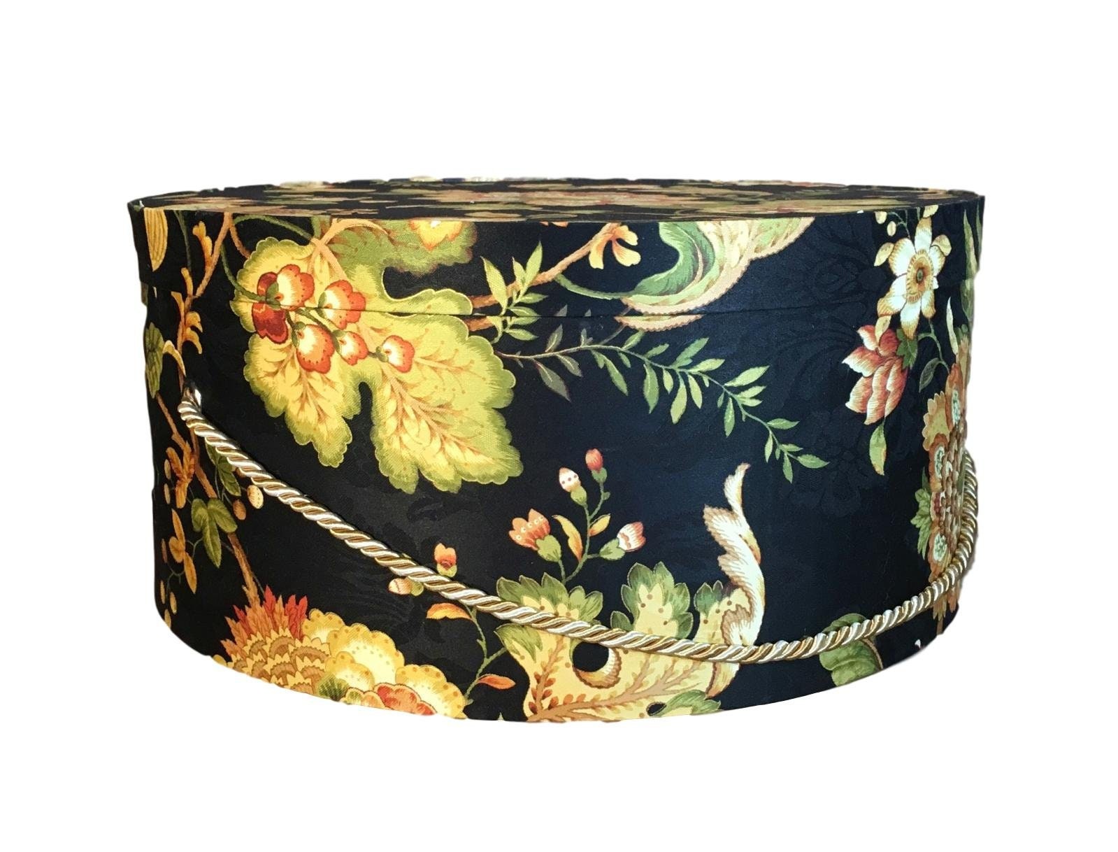 Extra Large 18” Hat Box in Black and Gold Jacobean Fabric