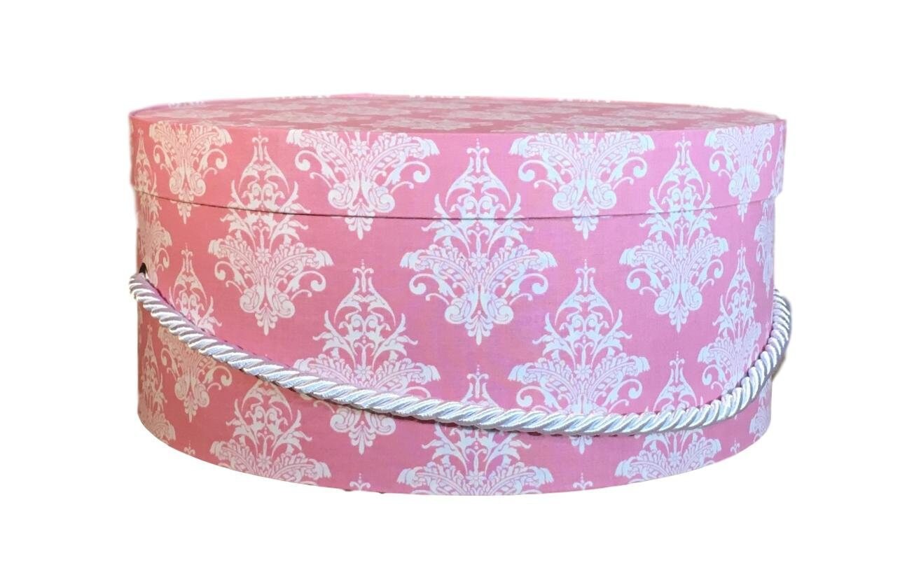 14” Hat Box in Pink and White Damask Fabric