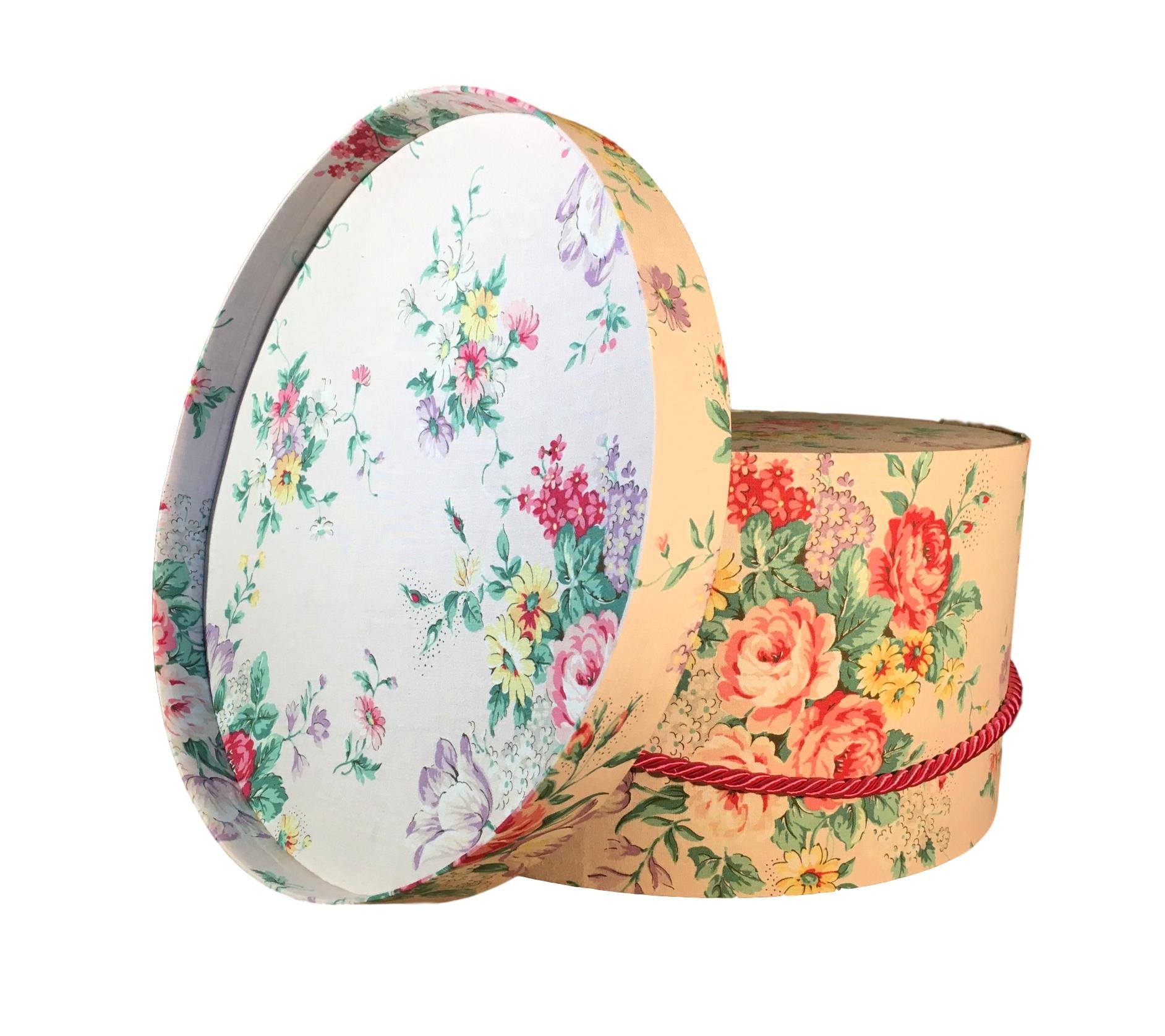 12” Hat Box in Purple and Pink Floral on Pale Pink Fabric