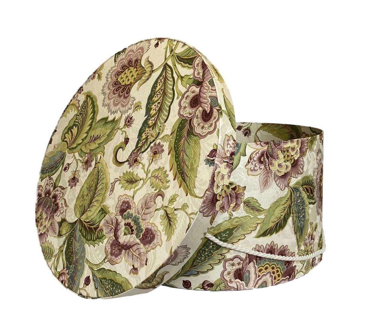 Large 16” Hat Box in Purple and Green Jacobean Floral Fabric