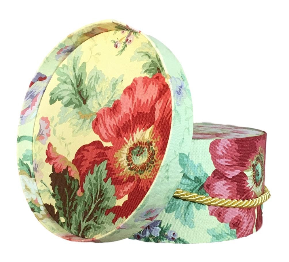 10” Small Hat Box in Red Floral on Yellow Fabric