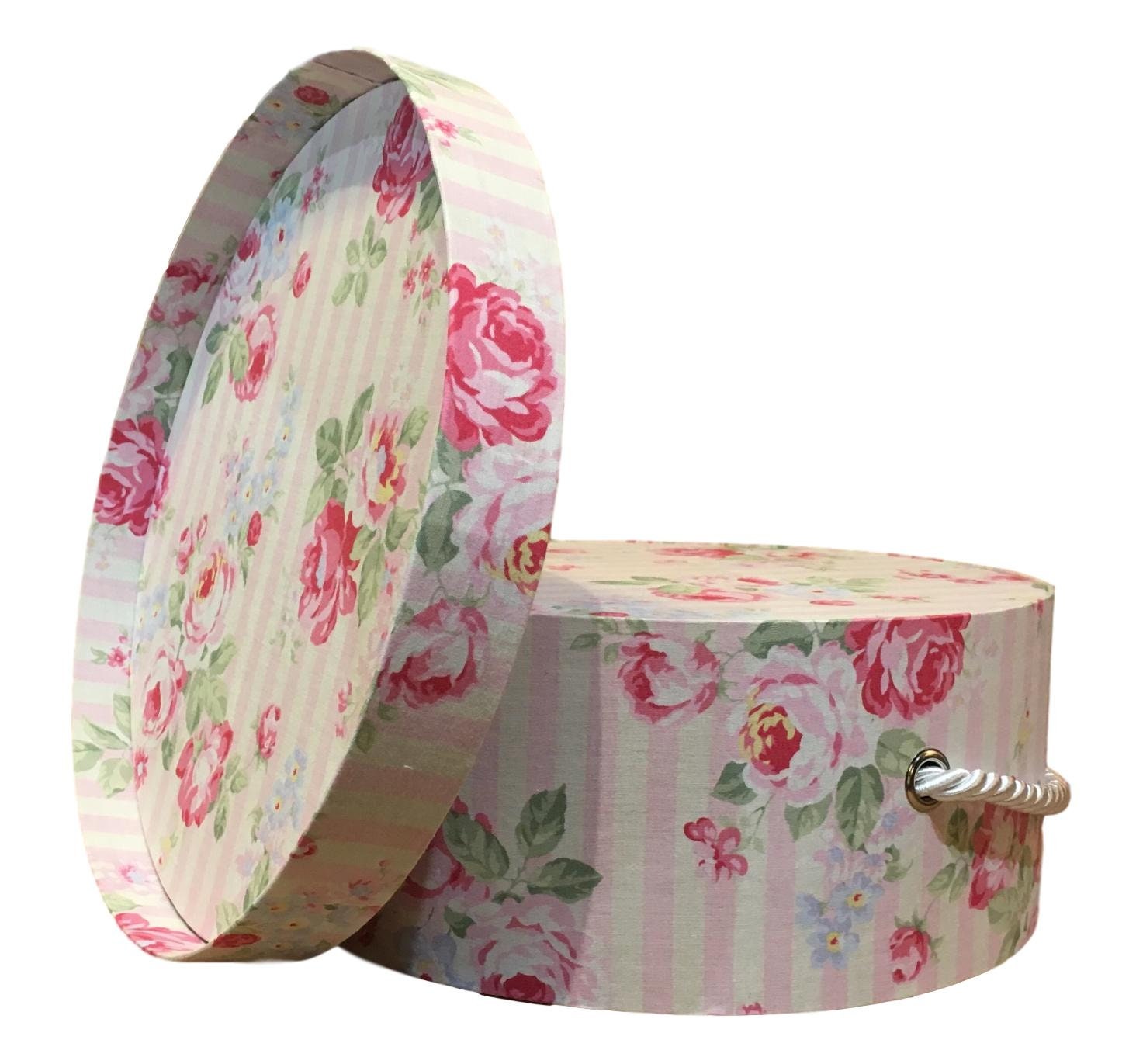 12” Hat Box in Pink Floral Stripe Fabric