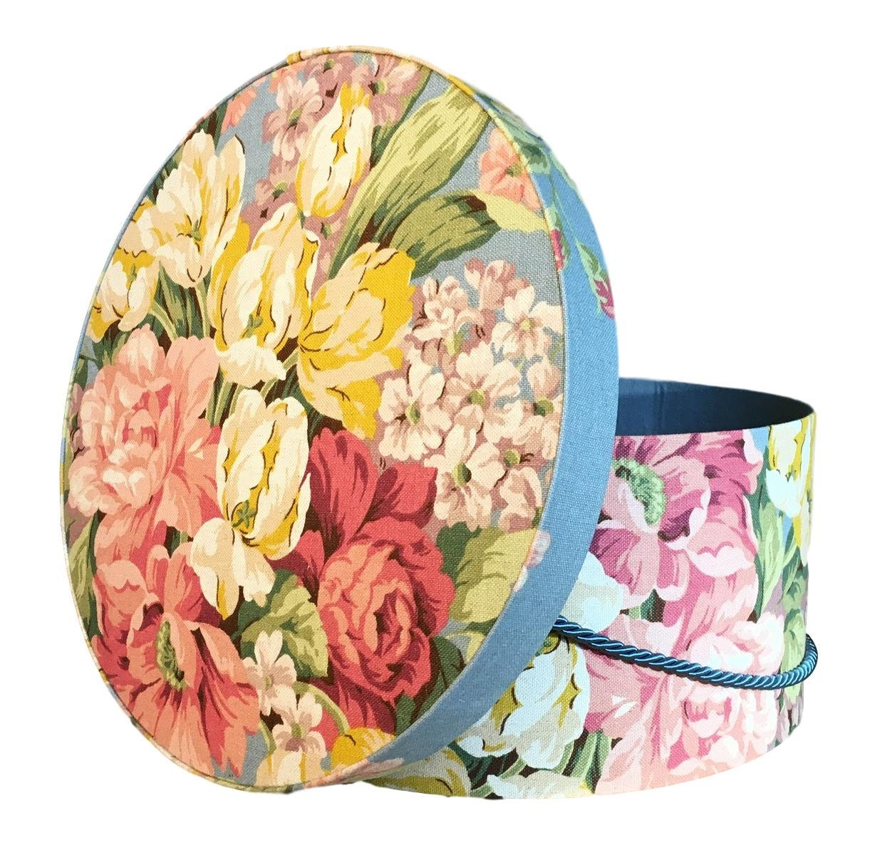 Large 16” Hat Box in Vintage Blue Floral Linen Fabric