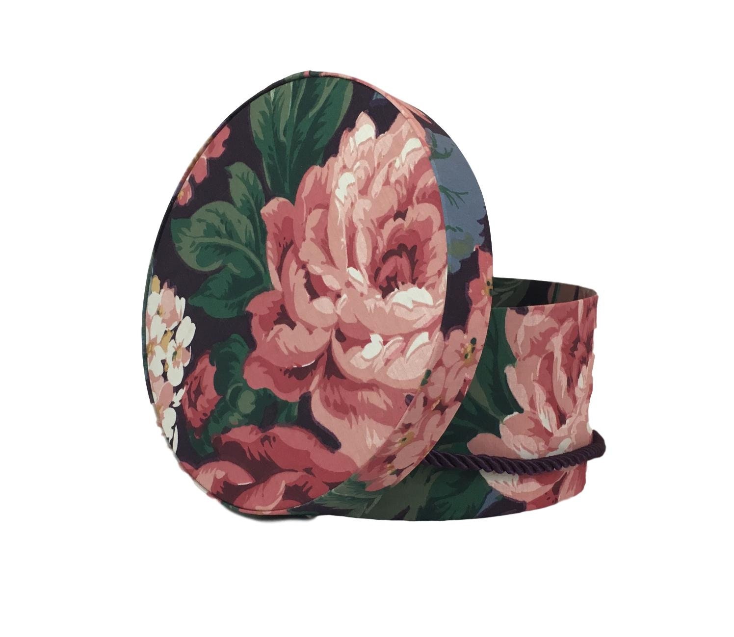 Small 10” Hat Box in Dark Purple Floral Fabric