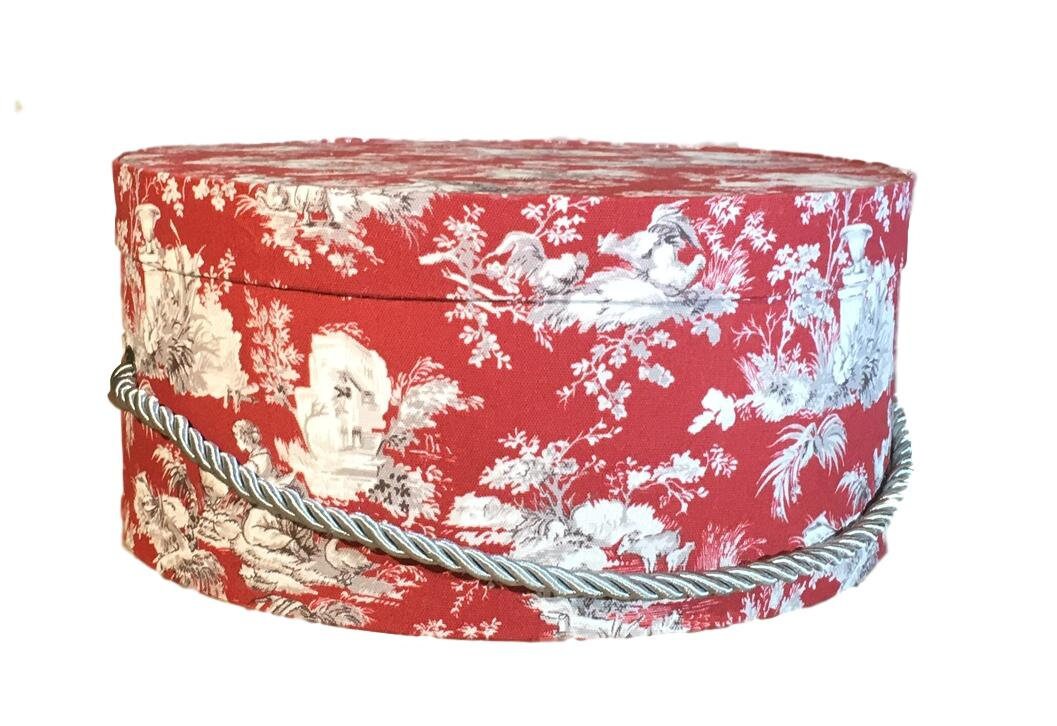 14” Hat Box in Red and Grey Toile Fabric