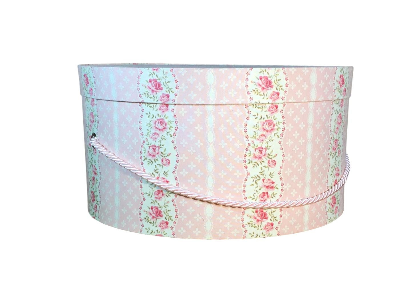 14” Hat Box in Pink and Cream Floral Stripe Fabric