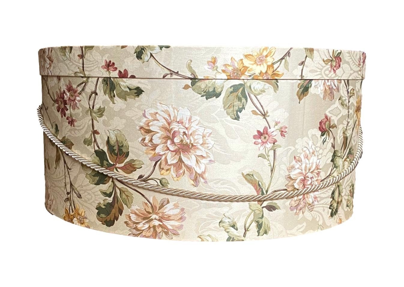 Extra Large 20”x9” Hat Box in Pink, Yellow and Green Floral Fabric
